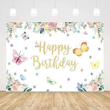 Amazon.com : Butterfly Birthday Backdrop Floral Girls Photography ...
