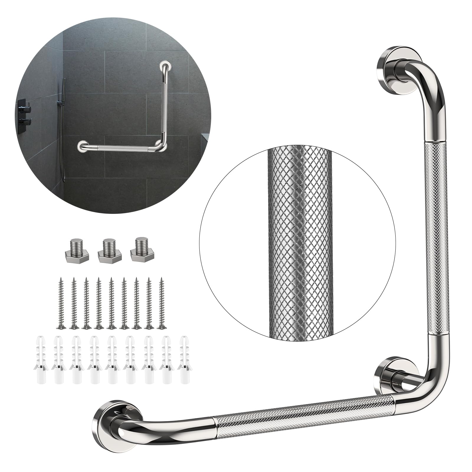 L-Shaped Angled Grab Bar 16x16 Inch Chrome Anti-slip Knurled Shower ...
