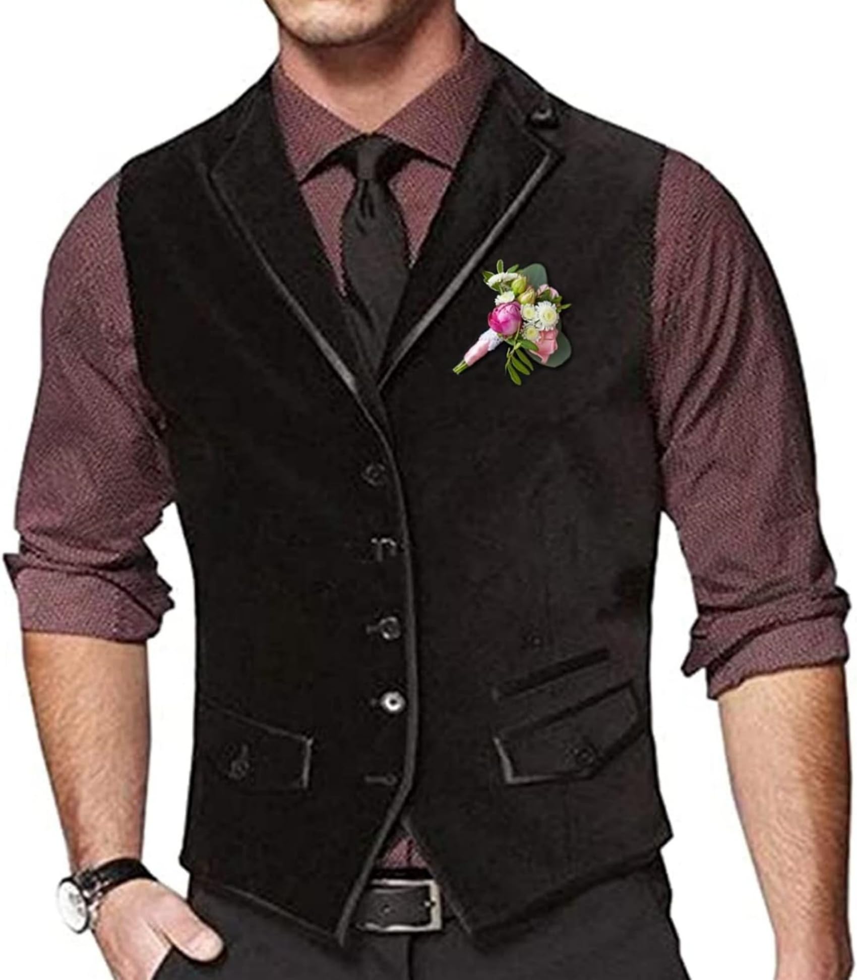 Bglddue Retro Black Mens Vest Velvet Wedding Waistcoat Notched Lapel ...