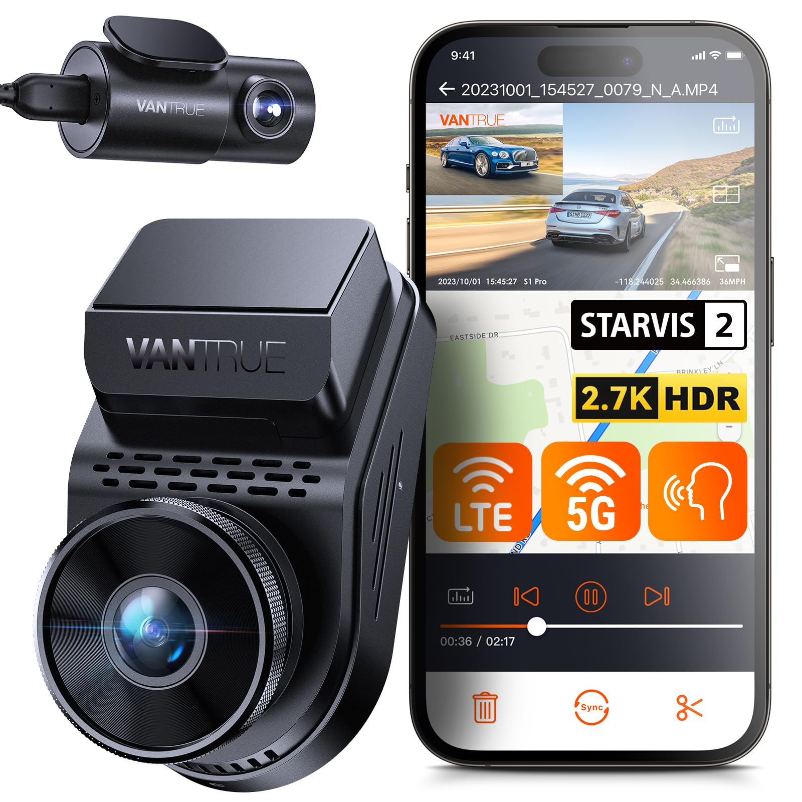 Vantrue S1 Pro 2.7K Front and Rear Dual Dash Cam, 5G WiFi 60FPS Hidden Dash Camera with HDR ...