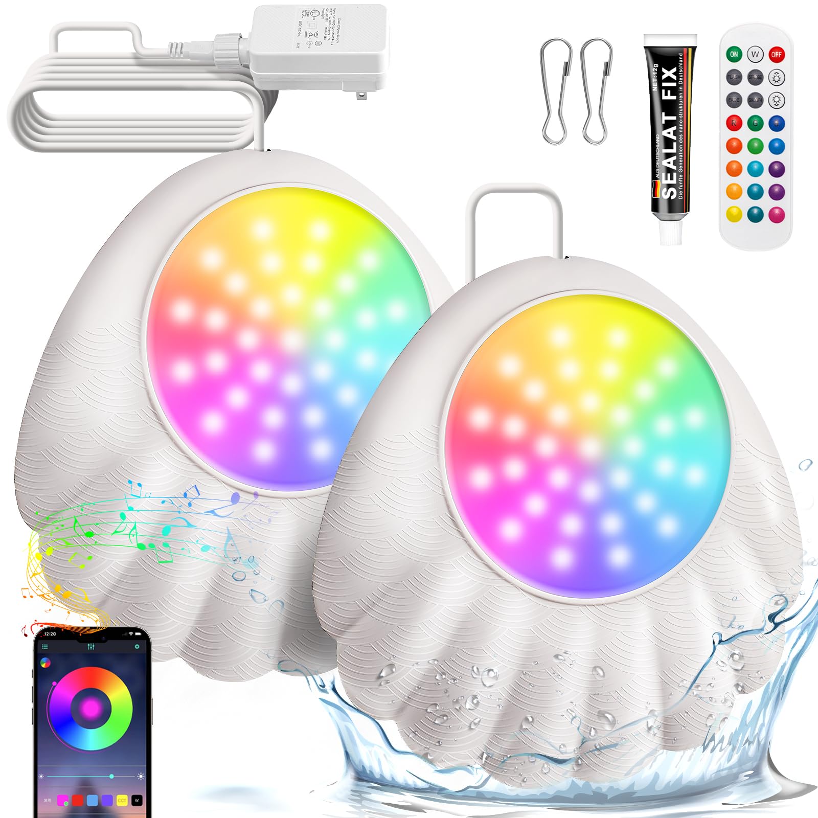 LOFTEK Smart Submersible LED Pool Lights, 2 Pack 20W RGB Music Sync Remote APP Controlled ...