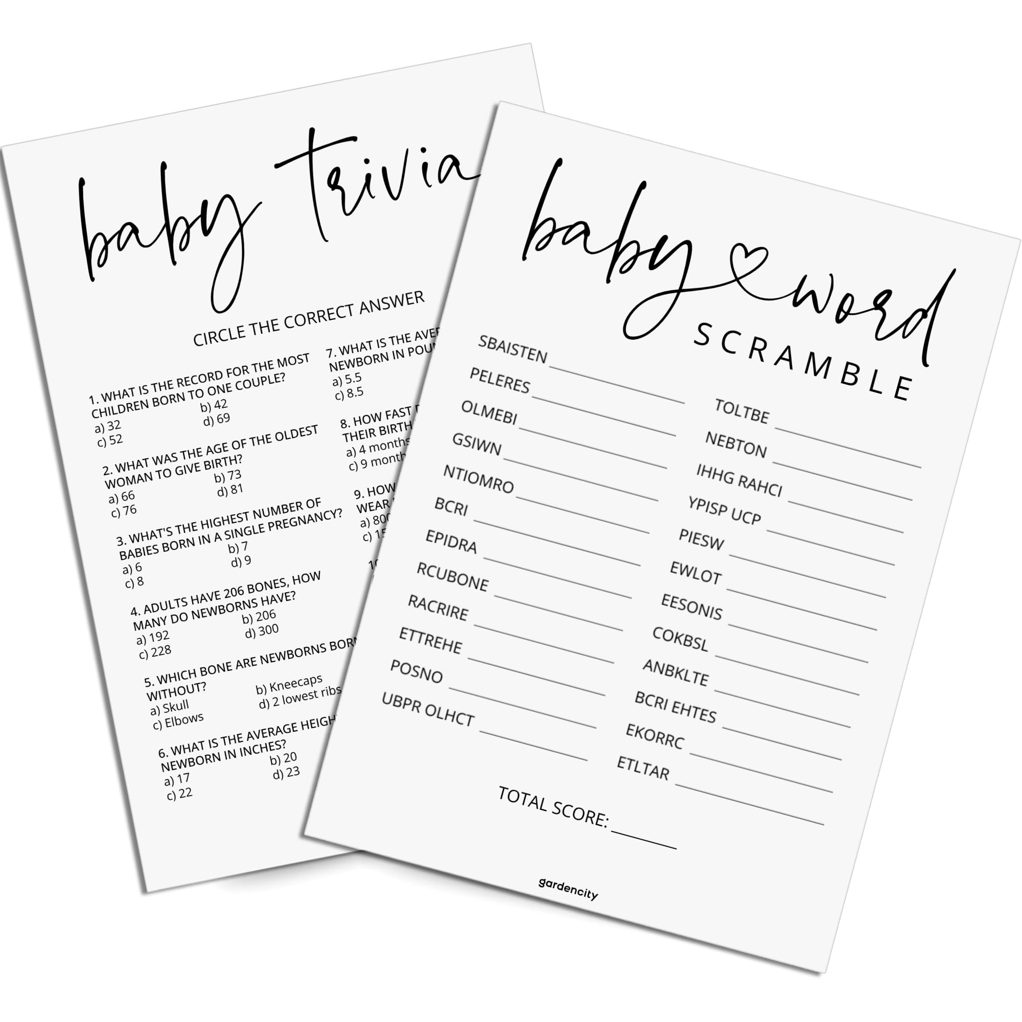 Baby Shower Games - Baby Trivia and Word Scramble Game, 50 Double-Sided ...