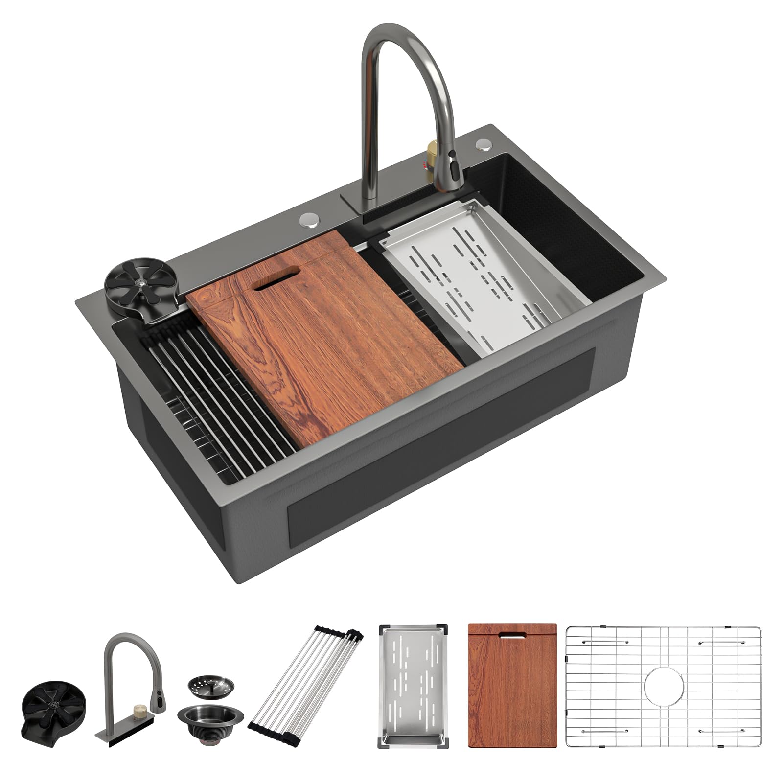 Mocoloo 33x19 Waterfall Kitchen Sink Smart Workstation Sink with Faucet ...