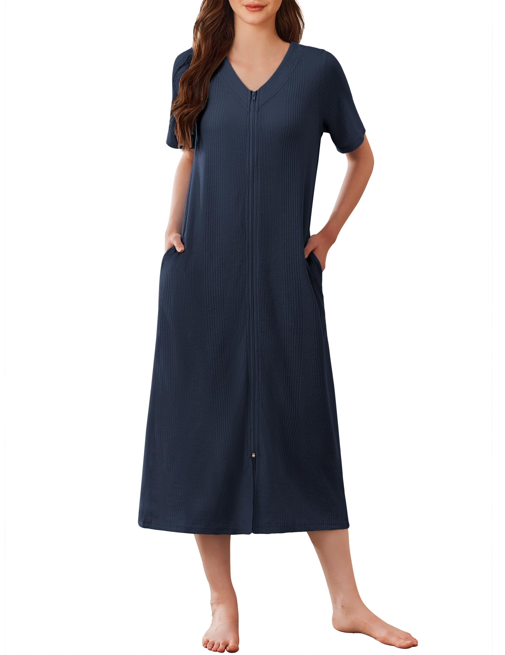 Ekouaer Zip Up Robe for Women Long Housecoat Waffle Knit Bathrobes Cozy ...