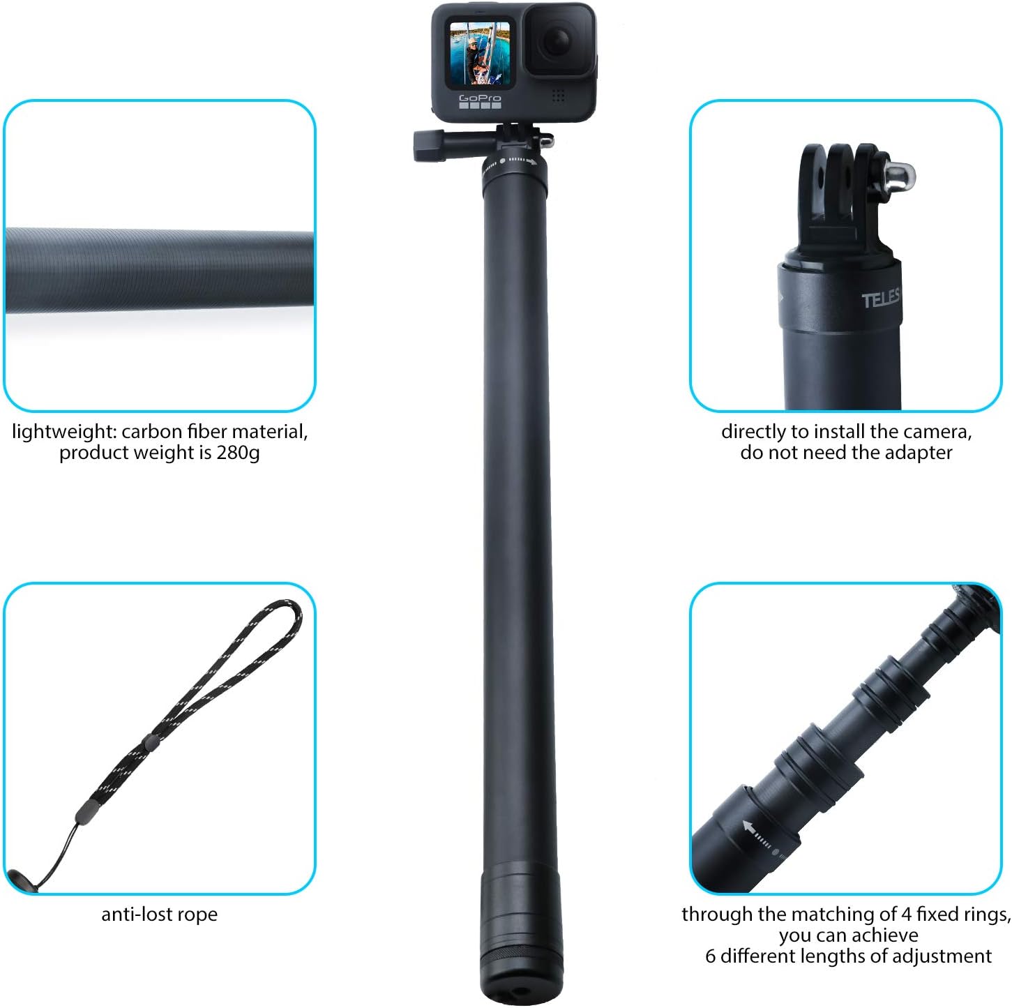 AuyKoo Upgrade 118″/3M Long Carbon Fiber Handheld Selfie Stick ...