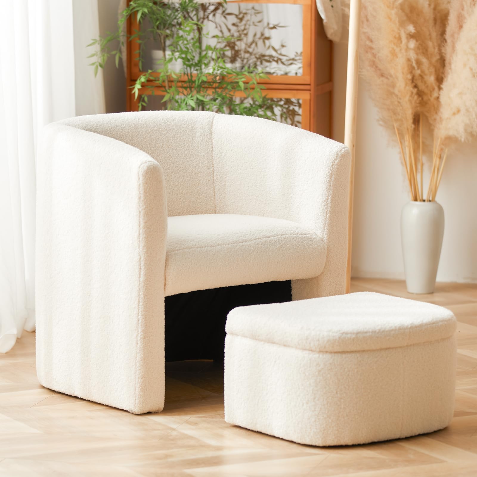 COLAMY Upholstered Sherpa Barrel Accent Chair with Storage Ottoman ...