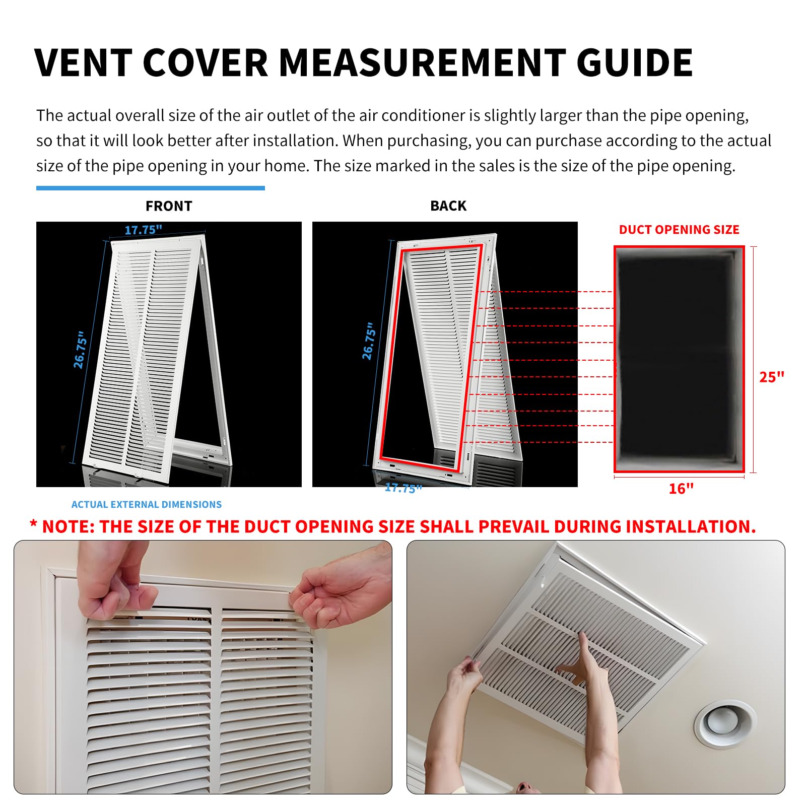 16x25 Return Air Grille [Duct Opening Size] Return Vent Cover For Wall ...