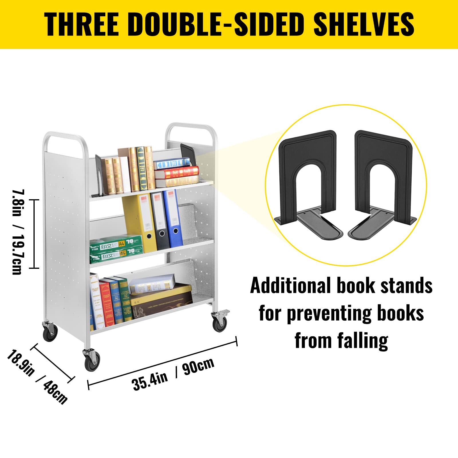 VEVOR Library Cart Book Cart 6-Shelf, Rolling Library Book Cart Double ...