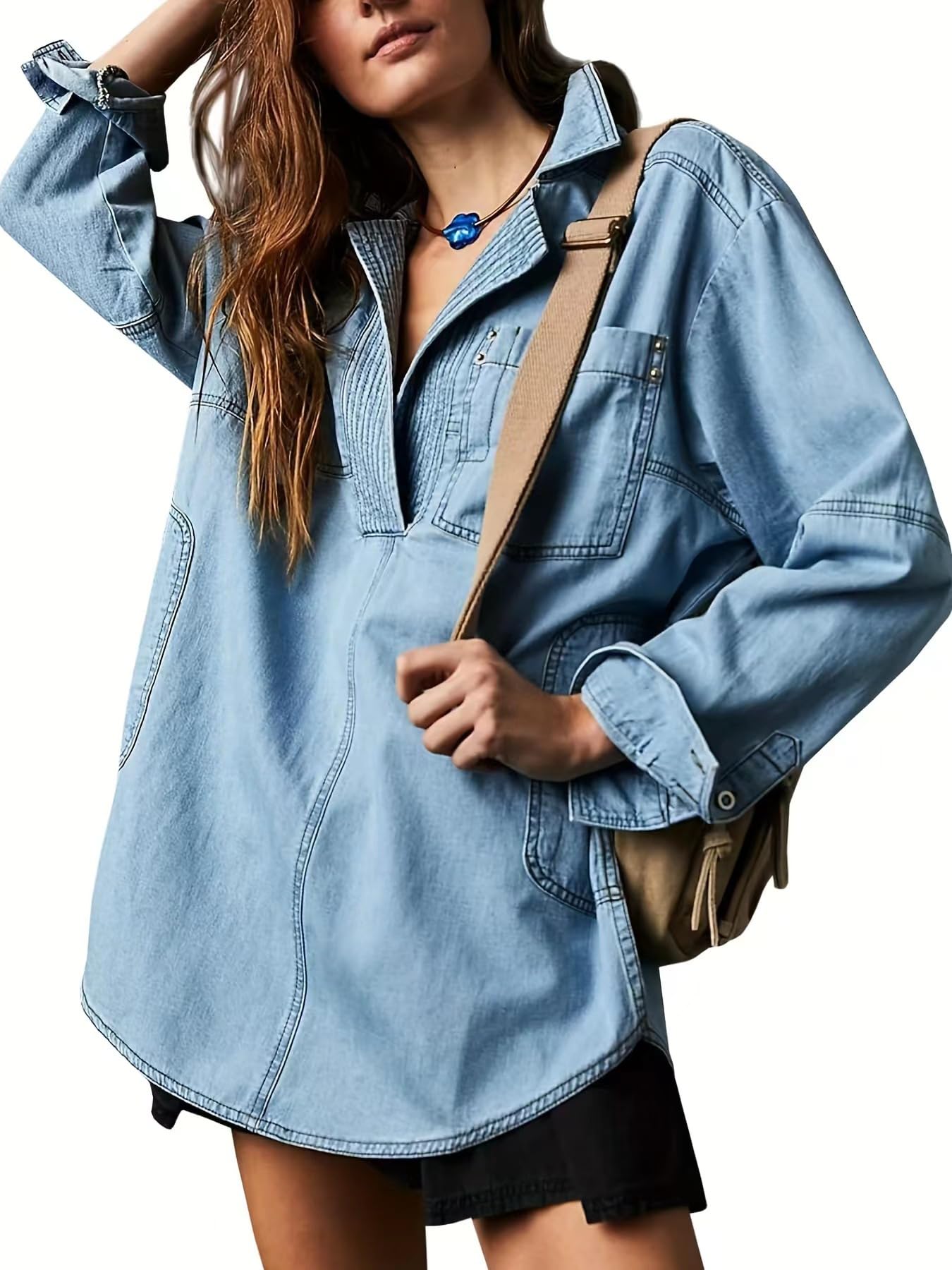yoeasy Women's Denim Pullover Oversized V Neck Jean Shirt Loose Fit ...