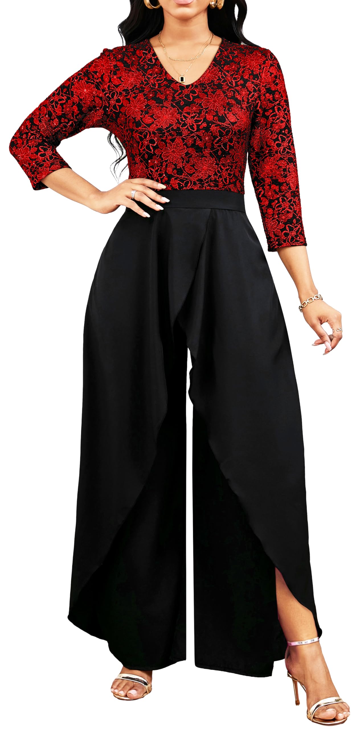 Yiershu Women sparkly jumpsuits Elegant 3/4 Sleeve Long Split Pants ...