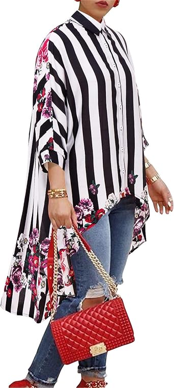 BIUBIU Women's Striped Floral Batwing Sleeve High Low Hem Loose Blouse ...