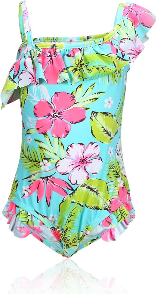 Amazon.com: Girls One Piece Bathing Suits Floral One-Shoulder Swimsuit ...