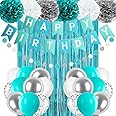 Amazon.com: Teal Blue and Silver Happy Birthday Party Decorations for ...