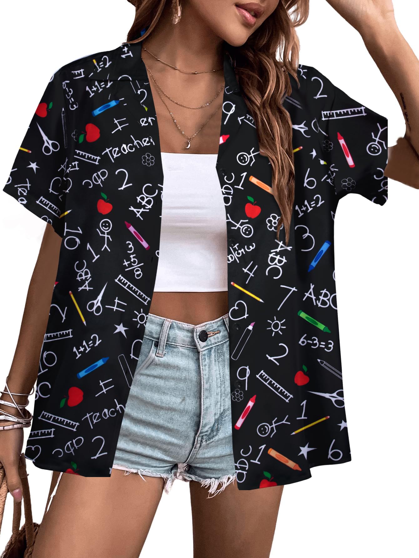 MNLYBABY Teacher Shirts Women Teach Hawaiian Button Down Short Sleeve ...