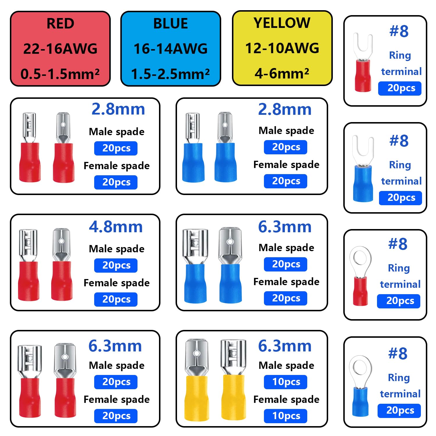 Mua Tnisesm 300Pcs Spade Connector,Crimp Connectors 2.8mm 4.8mm 6.3mm ...