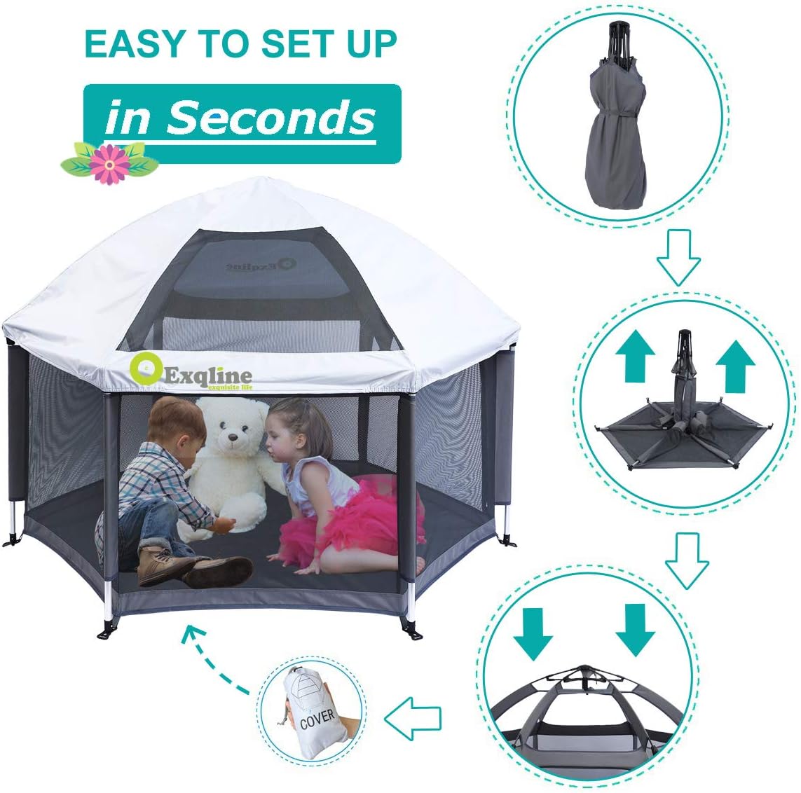 Baby Playpen, Exqline Pop up Play Pen Kids Safety Playpen with Self ...