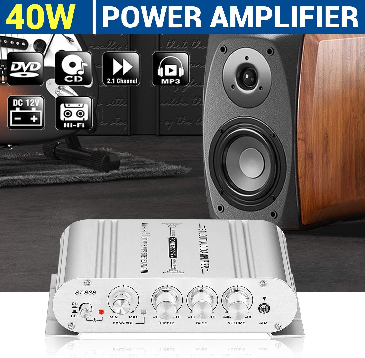 Bluetooth Car Adapter Facmogu ST-838 40W 2X20W Mini Digital Hi-Fi Power ...