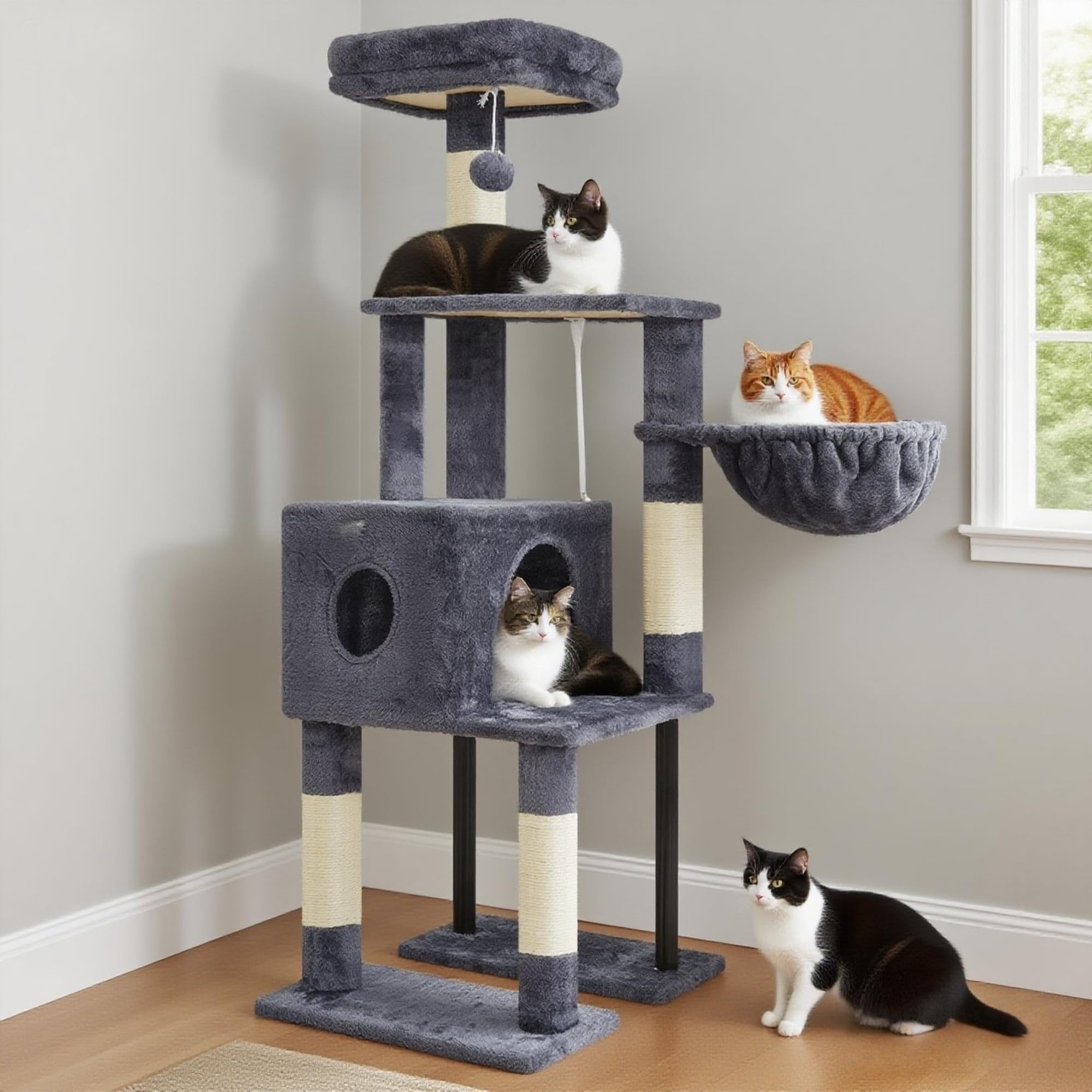 Heybly Cat Tree, 49.2 Inches Cat Tower for Indoor Cats, Spacious Cat ...