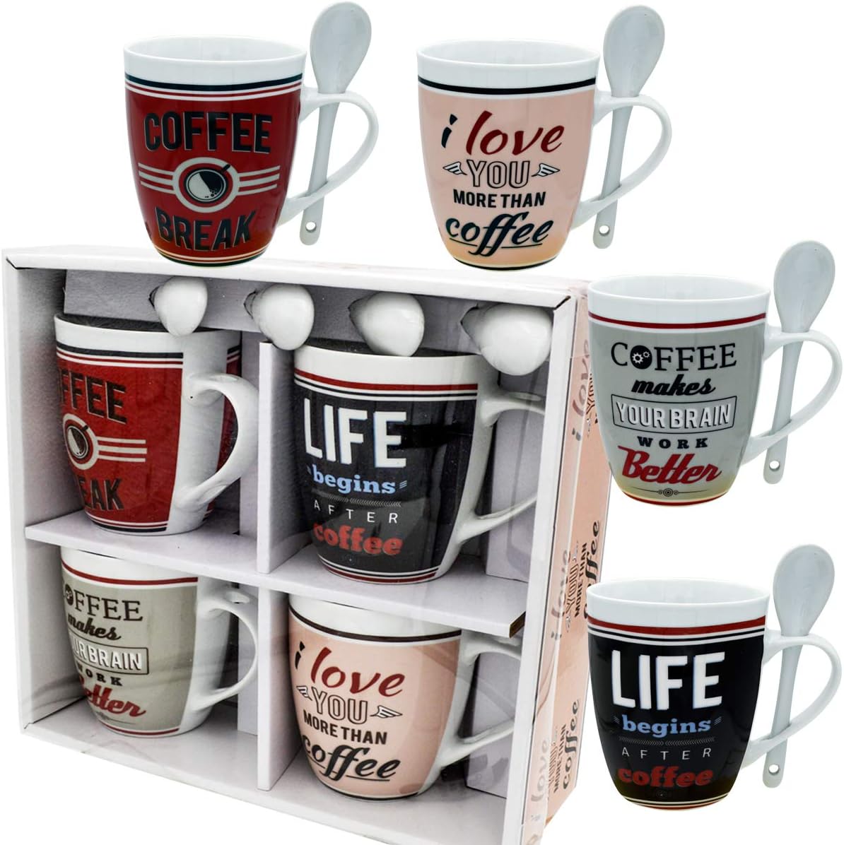 Amazon.com: Coffee Mug Set 4 Mug and Spoon Porcelain Set 4 pcs 12 oz ...