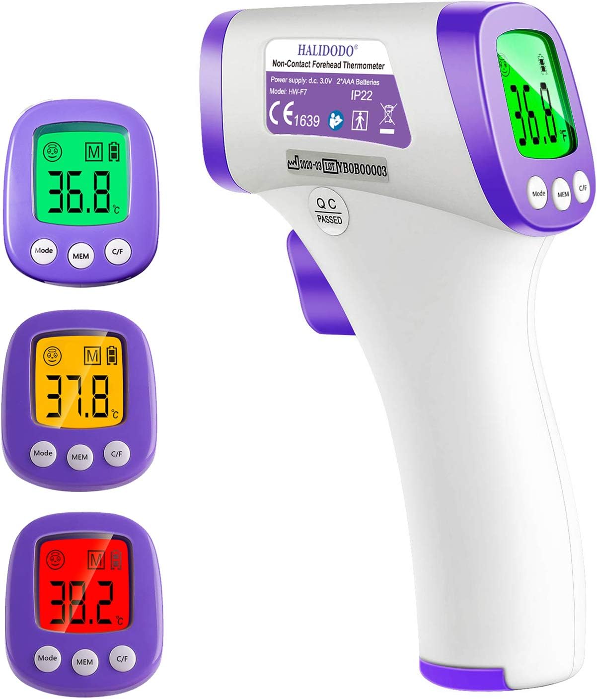 Non-Contact Infrared Forehead Thermometer, Digital Three Color Backlit ...