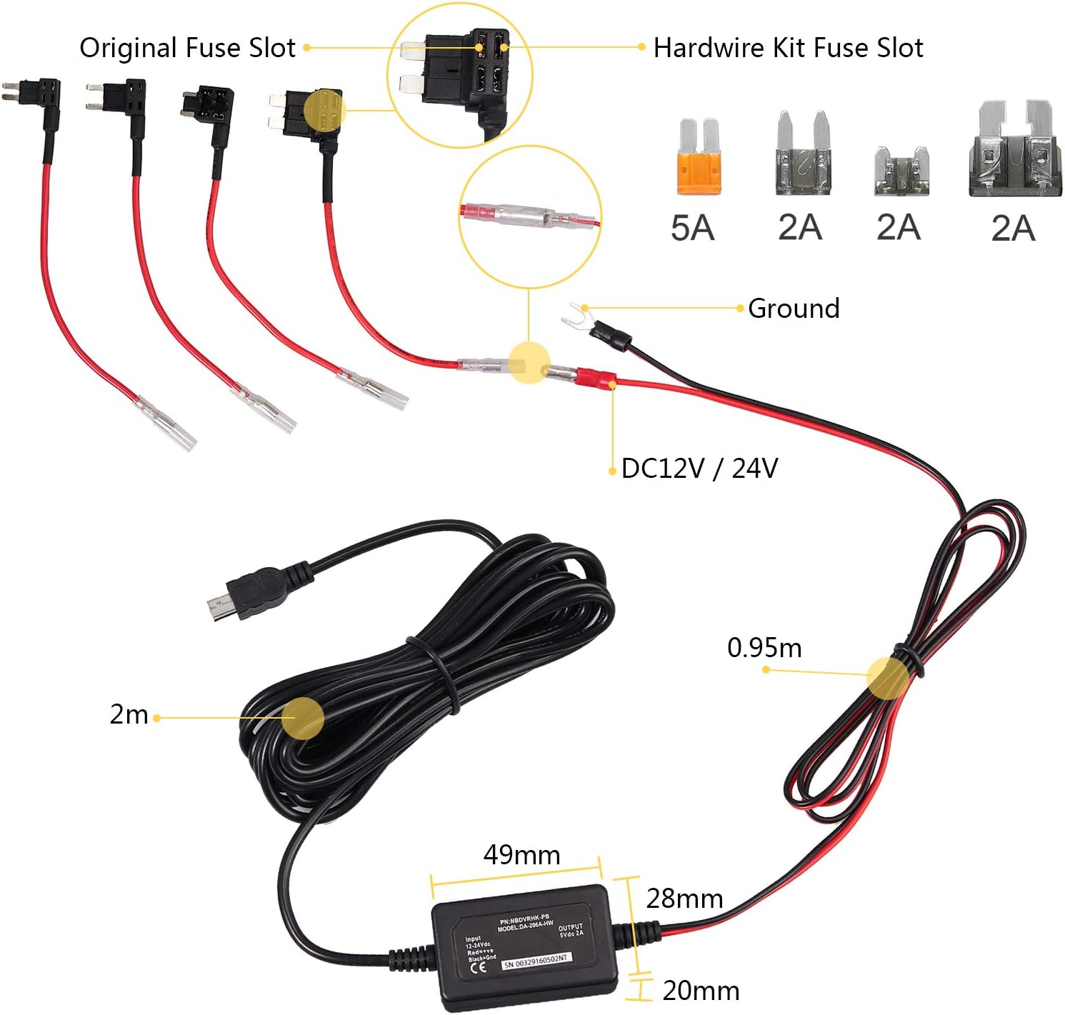 CAMWAY Hardwire Kit Dash Cam Hardwire Kit Mini USB 12V-24V to 5V ...