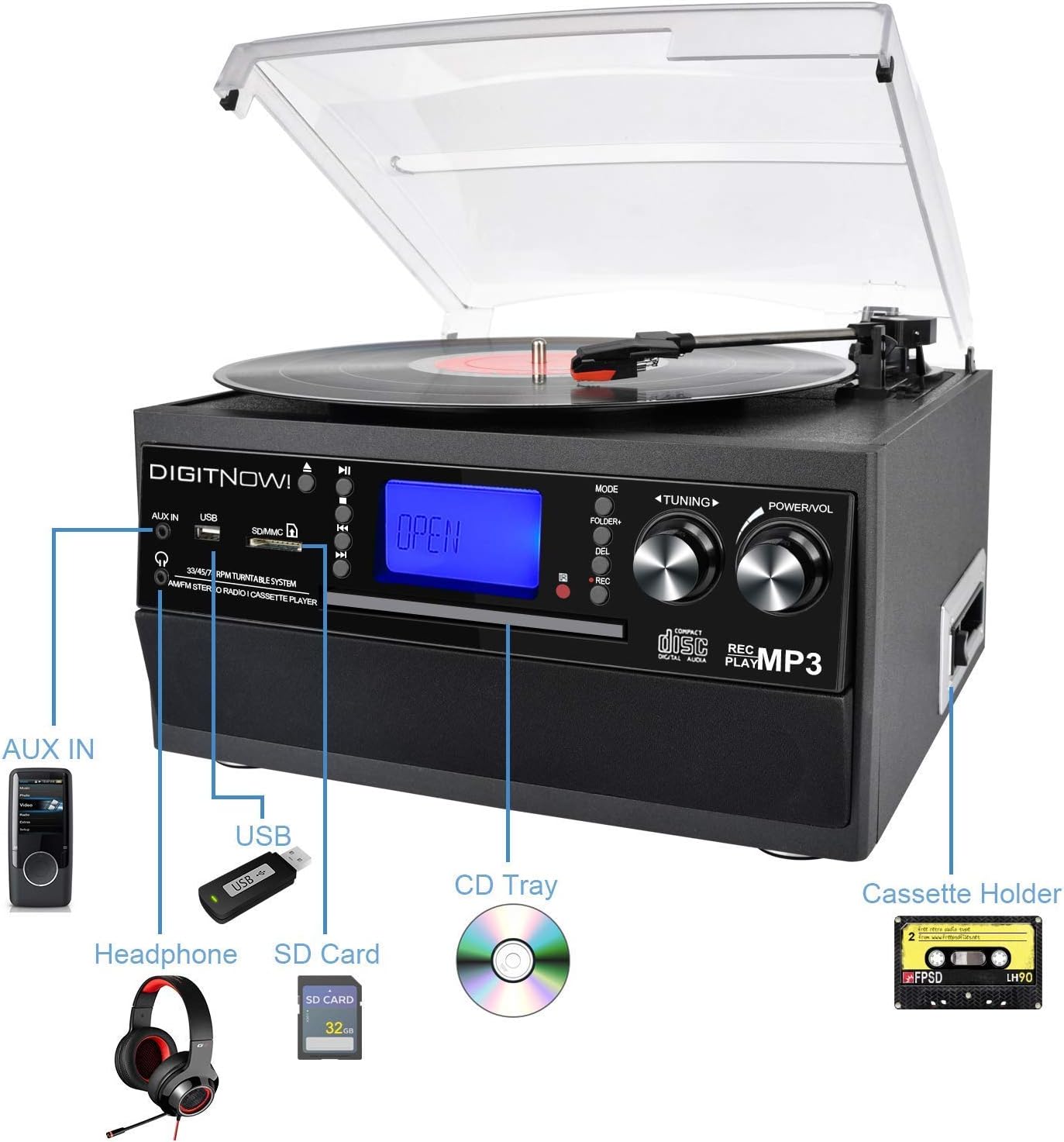 DIGITNOW! Bluetooth Viny Record Player Turntable, CD, Cassette - BigaMart