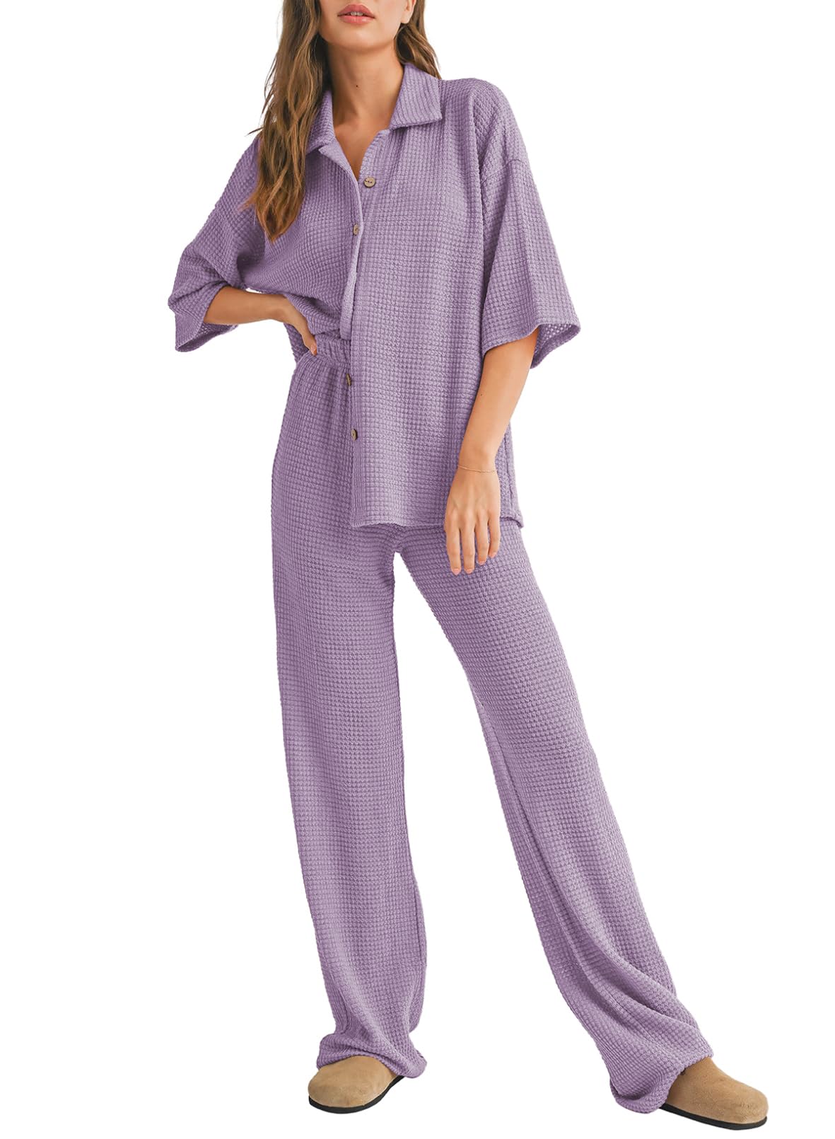 SHEWIN Two Piece Sets for Women Summer 2025 Waffle Knit Lounge Set ...