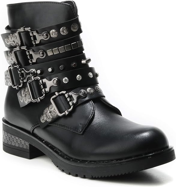 HERIXO Damen Schuhe Stiefeletten Schnallen Verzierung Perlen Nieten ...