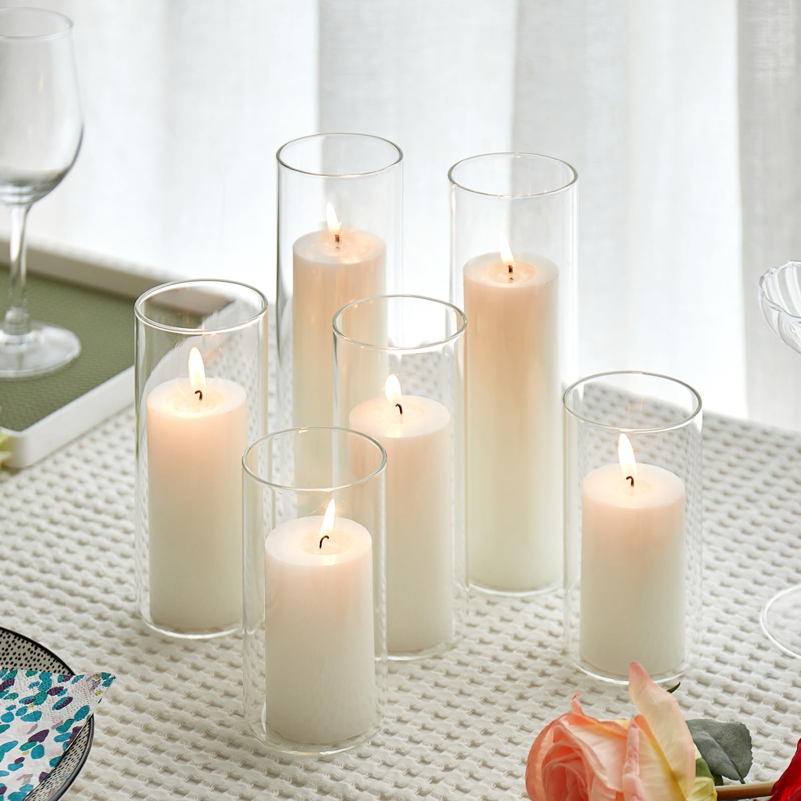 Set of 6 White Pillar Candles with Clear Glass Hurricane Holders ...