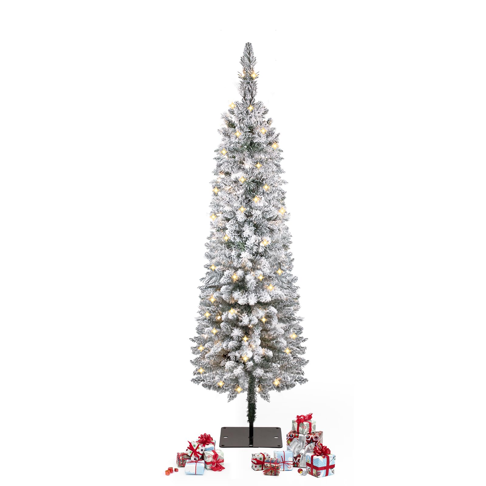 4ft Snow Flocked Christmas Tree Pre-Lit with Warm Lights, White Frosted Pencil Noble Fir ...