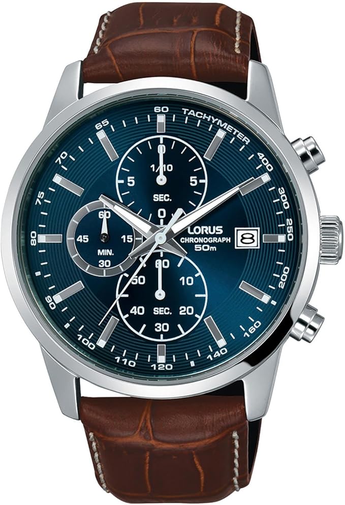 Lorus Men's 42mm Brown Leather Band Steel Case Quartz Blue Dial Watch ...