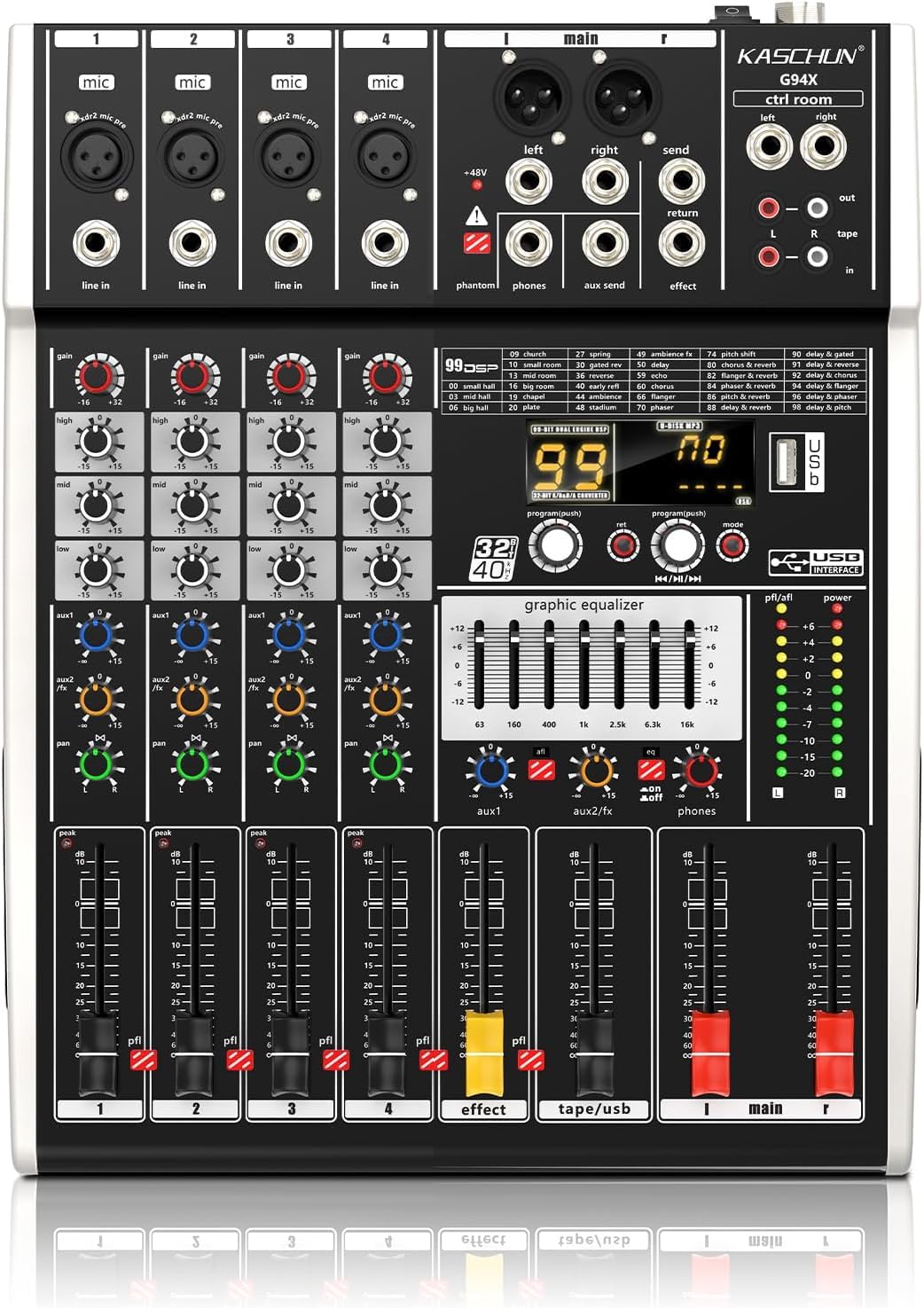 Professional Audio Mixer G94X, 4-channel 99 DSP Reverberation Effect ...