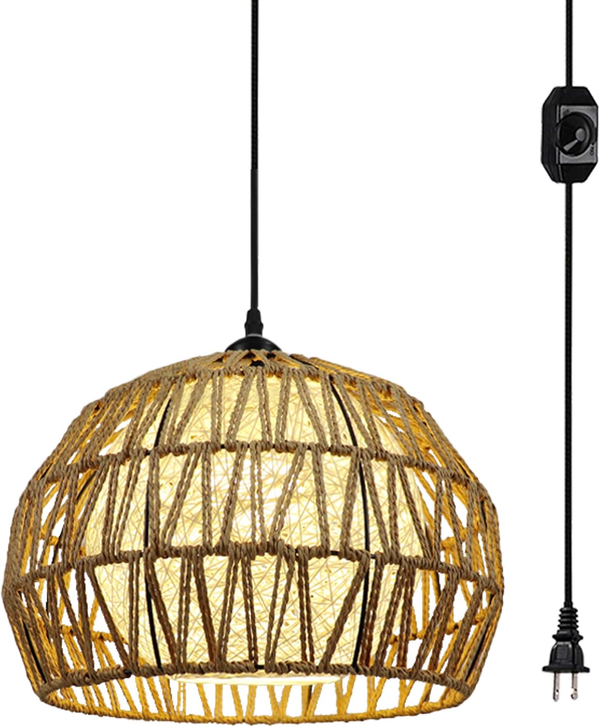 Hanging Swag Ceiling Lamp Twine Natural Rattan Lampshade No Wiring ...