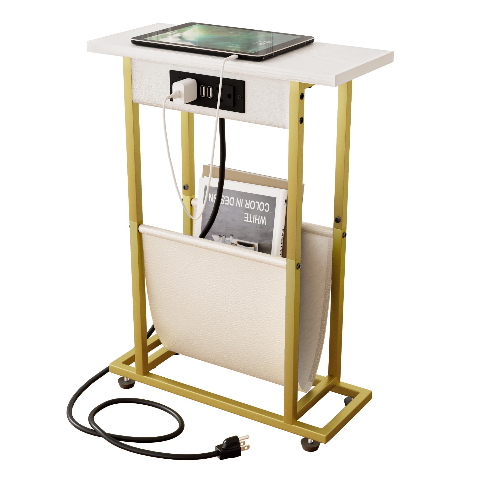 Narrow Side Table with Charge Station and PU Leather Magazine Holder ...