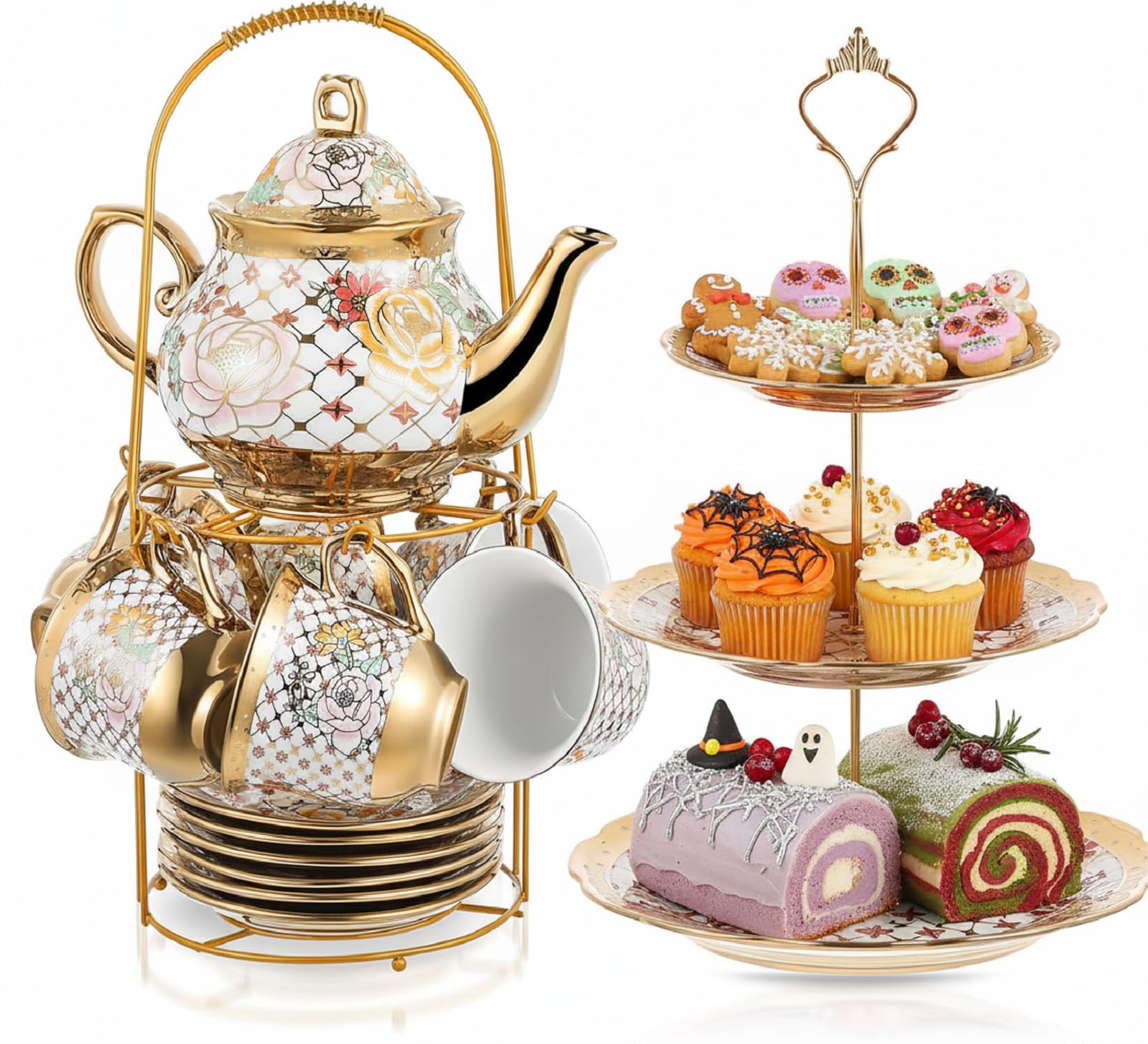 Maxcheck 21 Pcs Tea Party Set for Adults European Floral Tea Set with ...