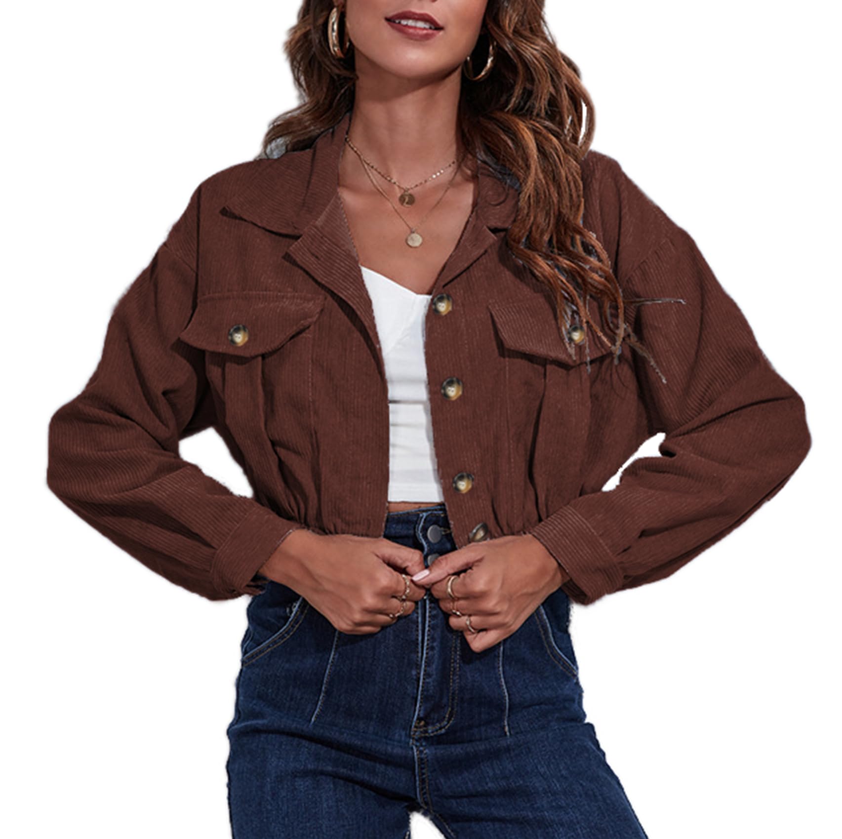 Womens Corduroy Fall Shackets Lightweight Shirt Blouse Top Long Sleeved ...