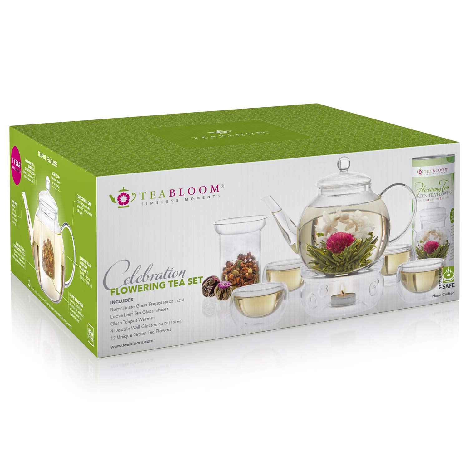 Teabloom Complete Tea Set - Stovetop Safe Glass Teapot with 12 ...