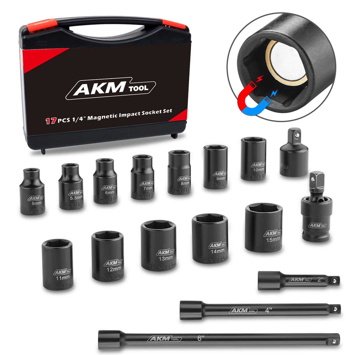 AKM TOOL 1/4 Inch Drive Magnetic Impact Socket Set, 17-Piece Metric ...