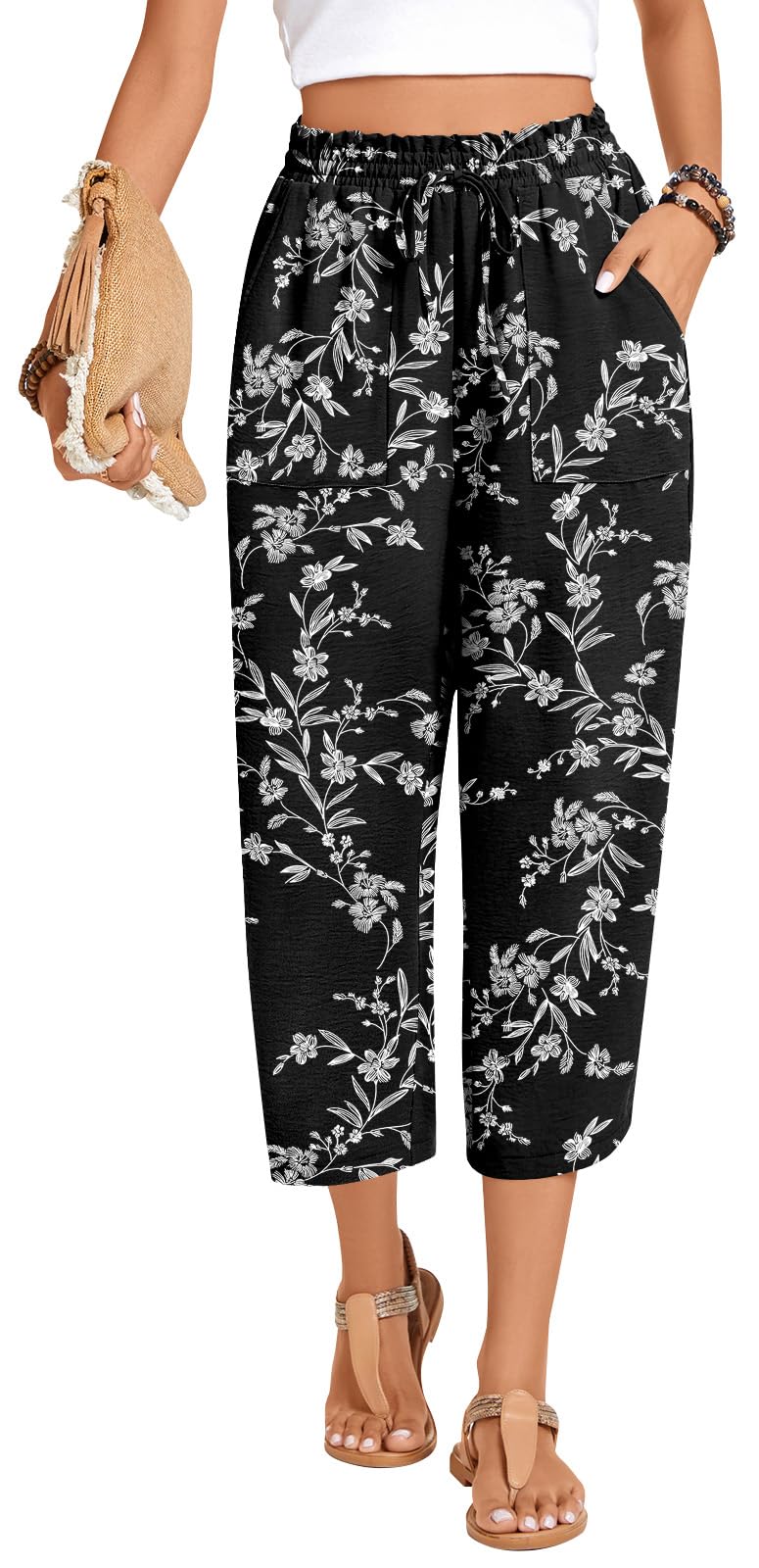 Anyhold Womens High Waist Wide Leg Capri Pants Adjustable Drawstring ...