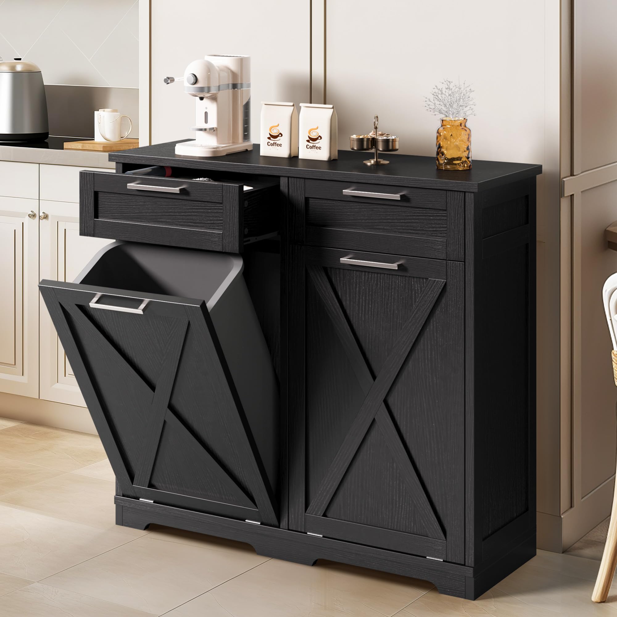 DWVO Double 10 Gallon Tilt Out Trash Bin Cabinet with 2 Drawers, Wooden ...