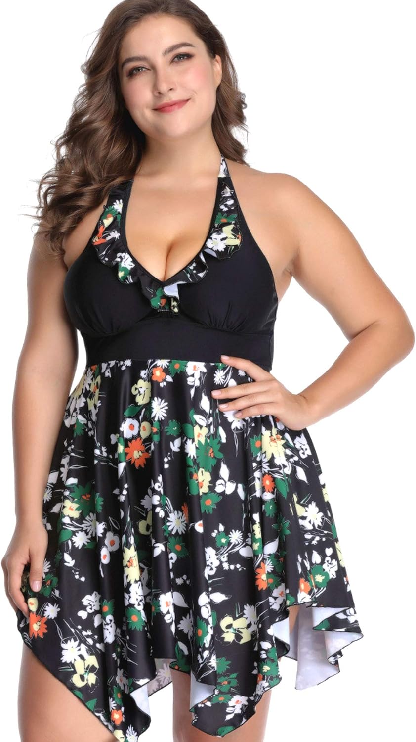 Abtel Women's Plus Size Swimsuit Tummy Control Swim Dress Floral ...