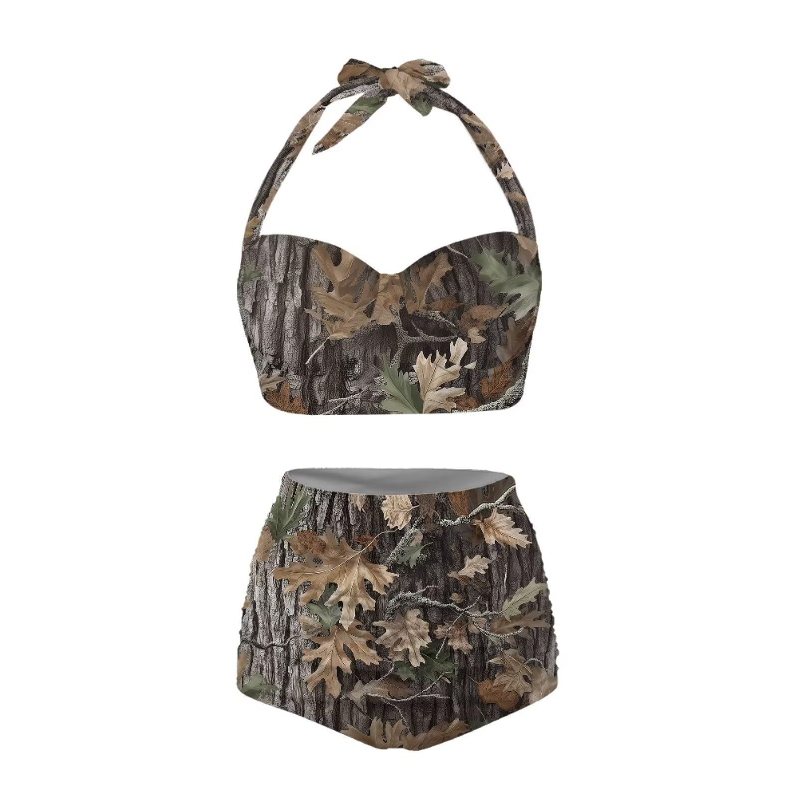 Jndtueit Camo Hunting Brown Leaves Art Design Women's Ruffled Bathing ...