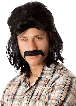 ALLAURA 80's Black Mullet Wig & Moustache Costume Bogan Wigs Set Mens ...