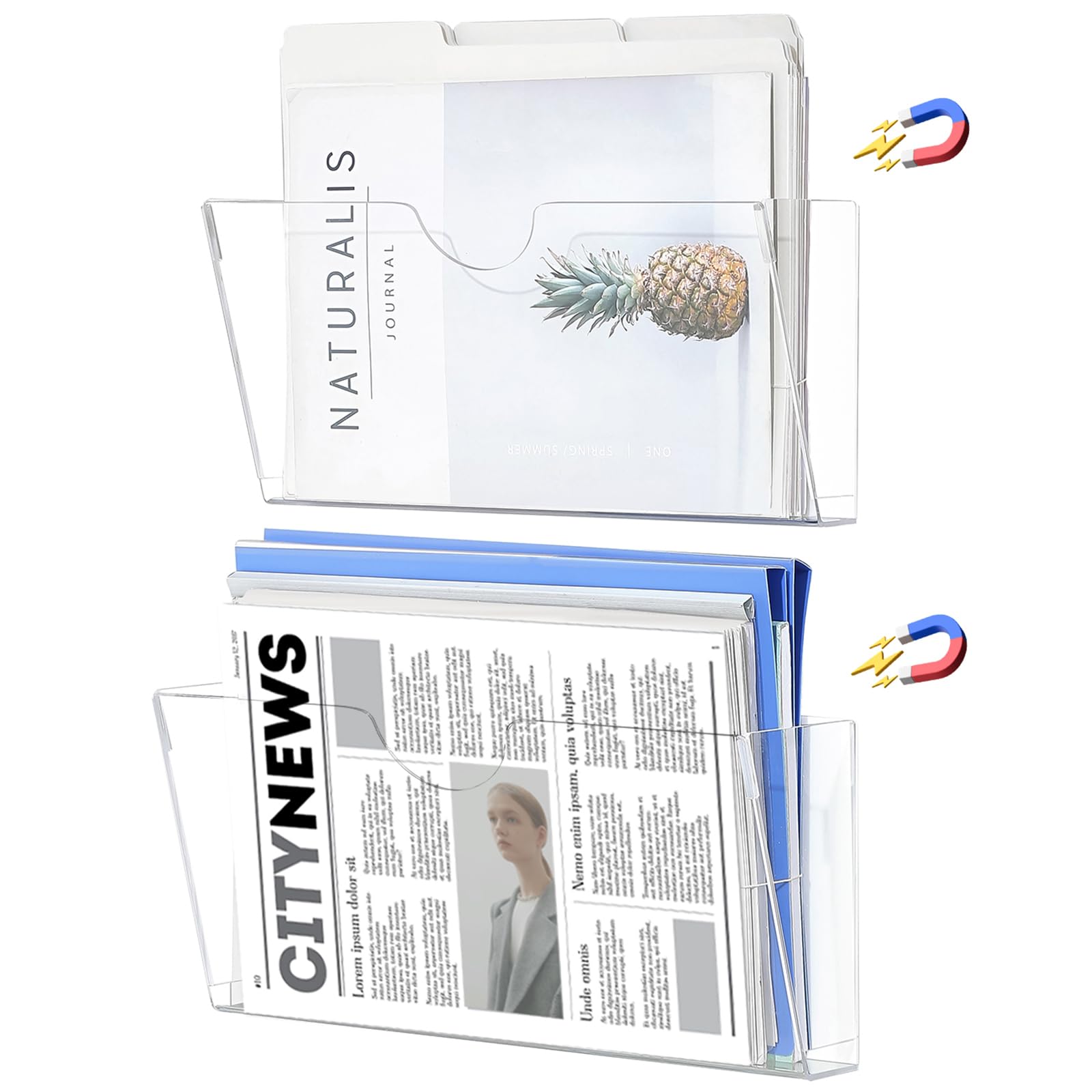 Qozary Clear Acrylic Magnetic File Holder - 2 Pack Magazine Rack for ...