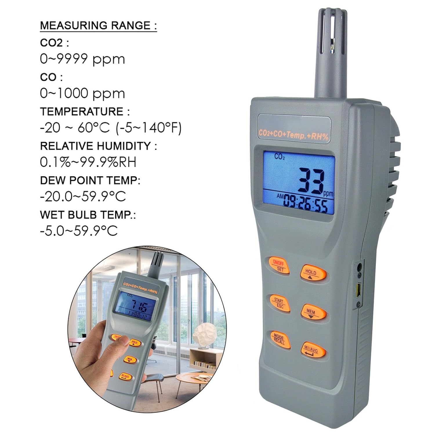 AZ Instruments Digital CO2 RH Humidity Temperature Data Logger Monitor ...