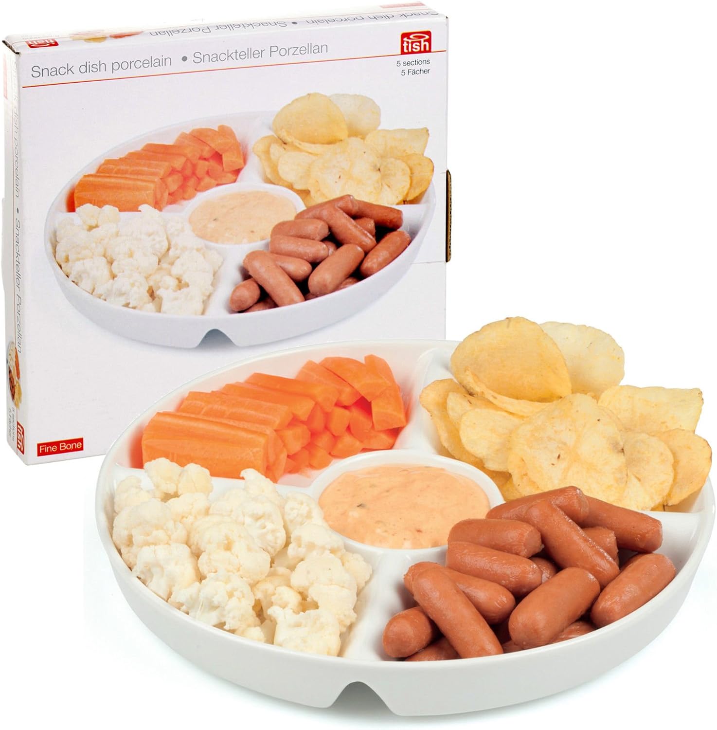 5 Section Snack Dish White Porcelain Condiment Dipping Serving Tray ...