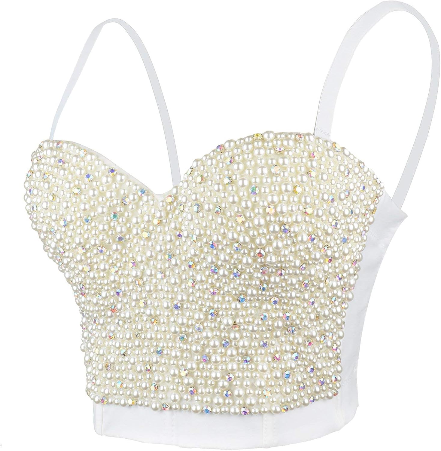 ELLACCI Sexy Pearls Beaded Rhinestone Bustier Crop Top Push up Corset ...