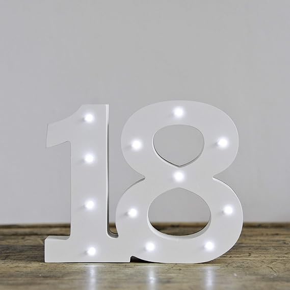 Up in Lights Decoartive LED 18th Birthday White Wooden Age Numbers ...