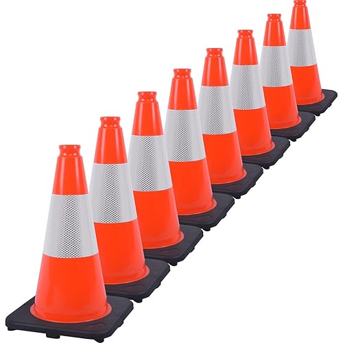 OranLite 8 Pack 18" in Fluorescent Orange PVC Traffic Cones, 6" inch Reflective Tape, Heavy ...