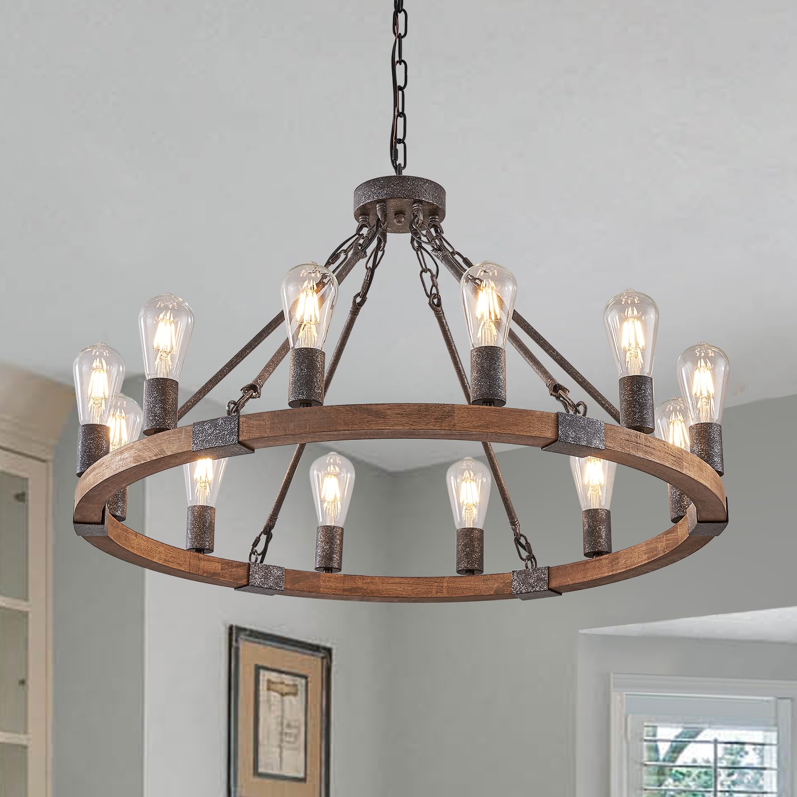 Benkut Farmhouse Wagon Wheel Chandelier 31" Black Rustic Light Fixtures ...